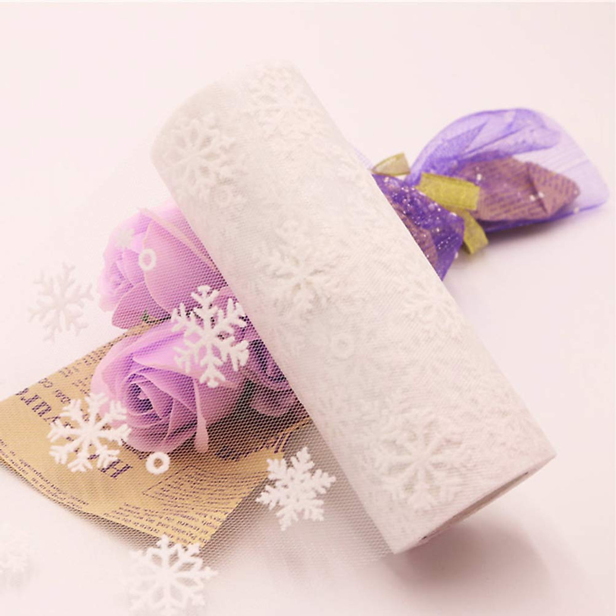 Sewroro Christmas Snowflake Tulle Roll Christmas Snowflake Spool Tulle Netting Rolls for DIY Craft 15cm 10yards (White)