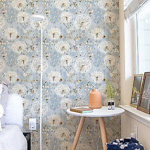 Nukofal Floral Peel and Stick Wallpaper Dandelion Floral Wallpaper Peel and Stick 15.7 inch x 118.1 inch Flower Wallpaper Blue/Gray/White Self Adhesive Removable Contact Paper for Cabinets Decor