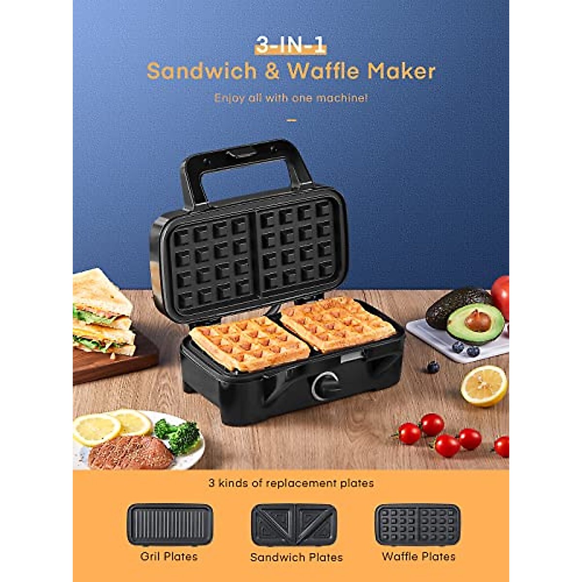 HOUSNAT 3 in 1 Sandwich Maker, Waffle Maker with Removable Plates, 1200W Panini Press with Interchangeable Non-Stick Plates, Indicator Lights, 5-gear Temperature Control, Silver/Black