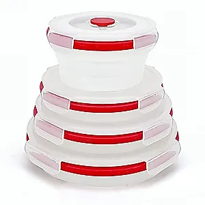 CARTINTS Reusable Collapsible Bowls for Camping, Silicone Food Grade Storage Containers, Silicone Lunch Containers for Microwave, Freeze or Store, Leakproof, Set of 4,Red