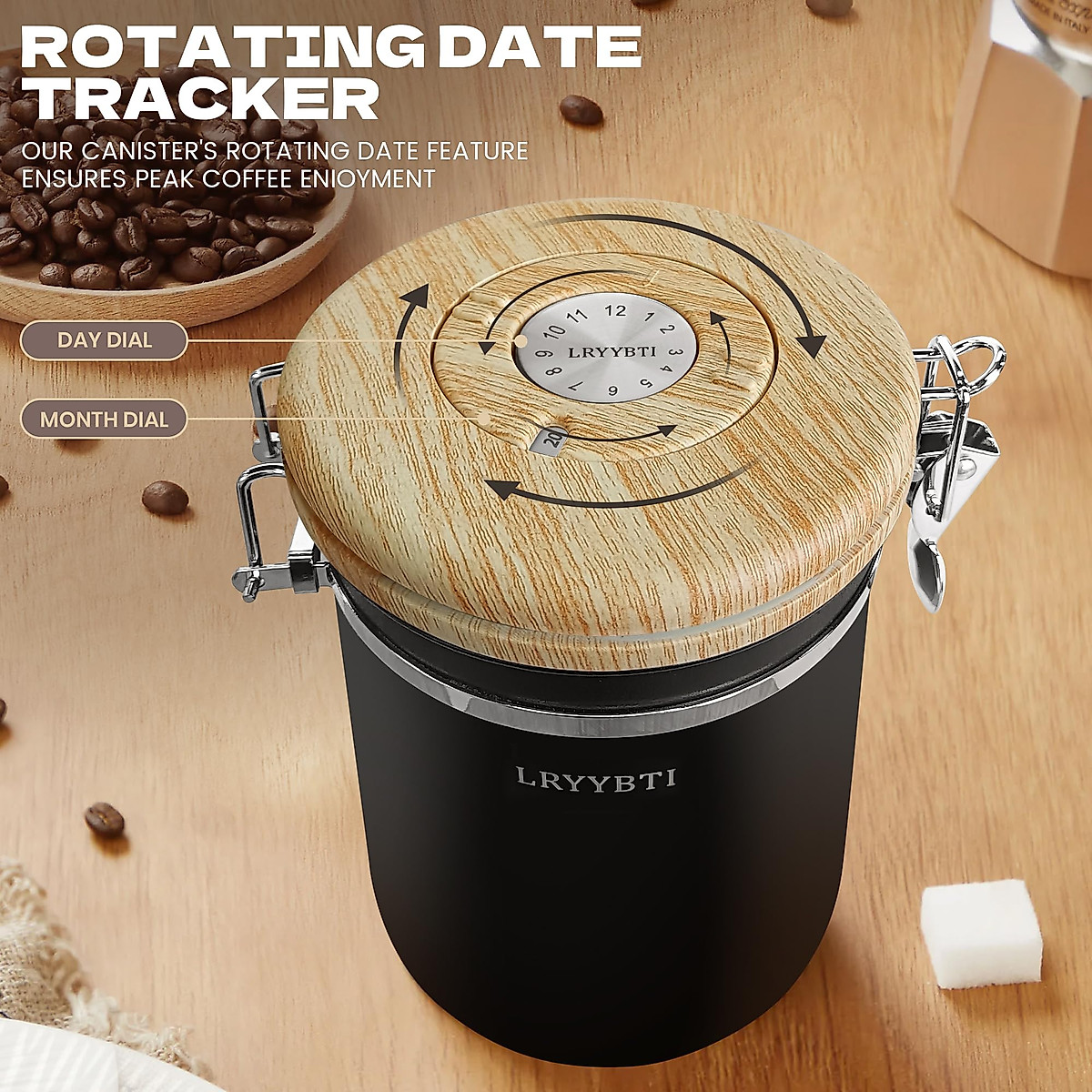 LRYYBTI Coffee Canisters Food Jar Canister Airtight Coffee Bean Storage Container with Scoop Date Tracker & CO2 Release Valve 22Oz Black