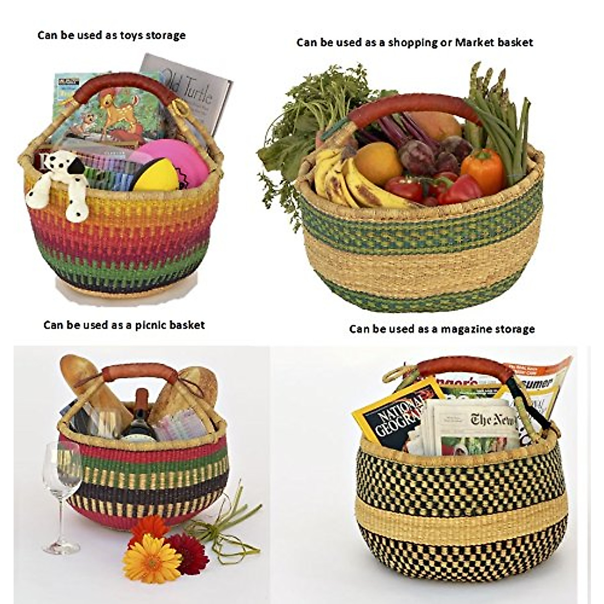 Hands Craft Fair Trade Ghana Bolga African Dye-Free Market Basket Natural Baskets (11"-13" Medium)