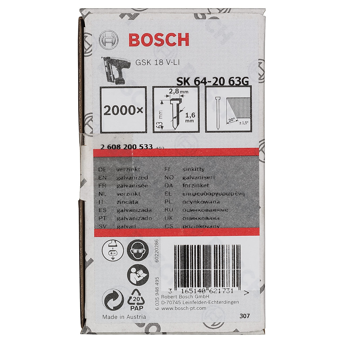 Bosch Professional 2000x Finish Nails SK64 20G (1.6/16 g 20°, 2.8x1.35x63 mm, Galvanised, Accessories for Nail Guns, Pneumatic Nailers)