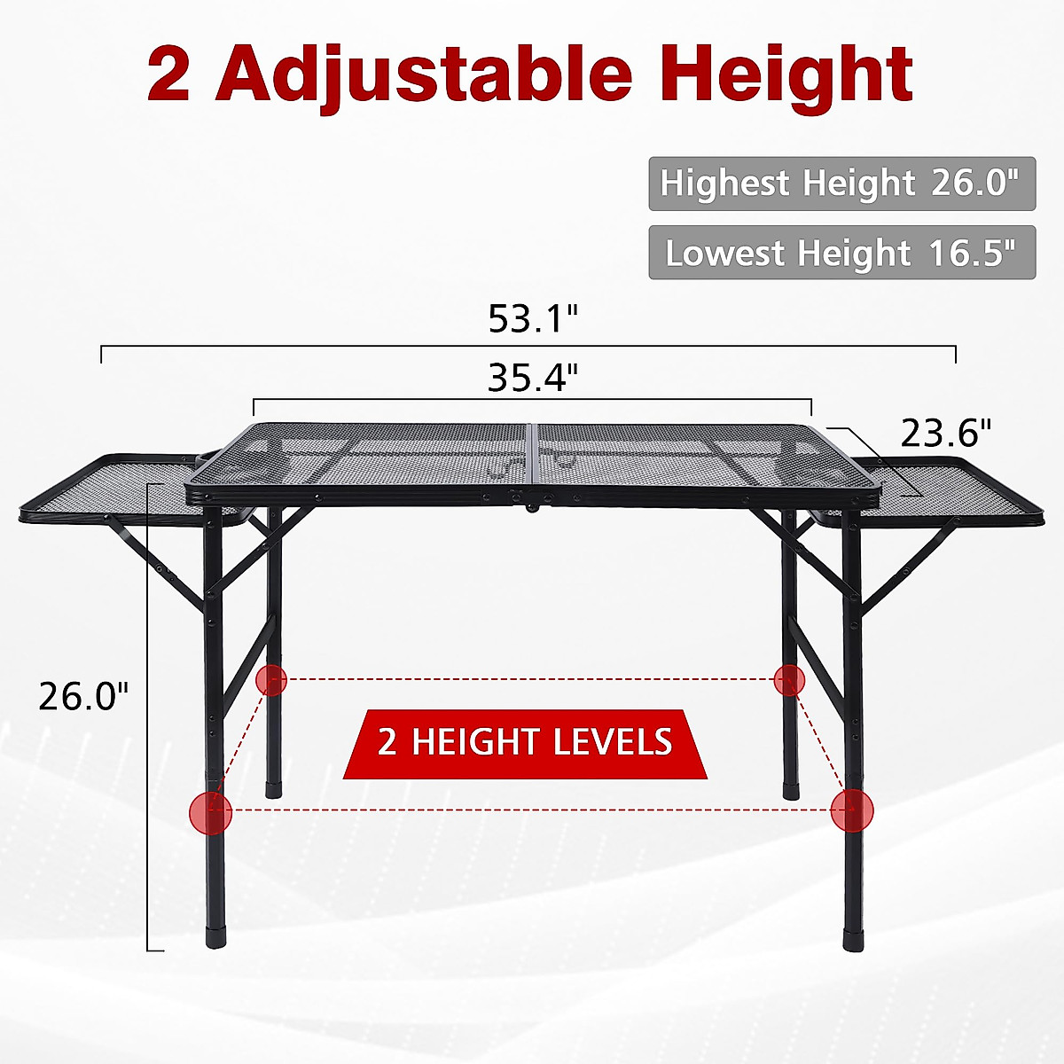 JOUYEK Folding Grill Table, 3x2 FT Portable Camping Table with 2 Wing Panels, Height Adjustable Metal Tables with Mesh Desktop and Mesh Bag, Outdoor Furniture for Camping, Picnic, Beach and BBQ, Black