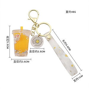 HSYHERE Girls Women Creative Beautiful Romantic Floating Unicorn Milk Tea Cup Keychain Keyrings, Moving Sand Help Relax Car Key Chain Key Ring Bag Pendant Key Holder Daisy Flower Strap Bell -Pink