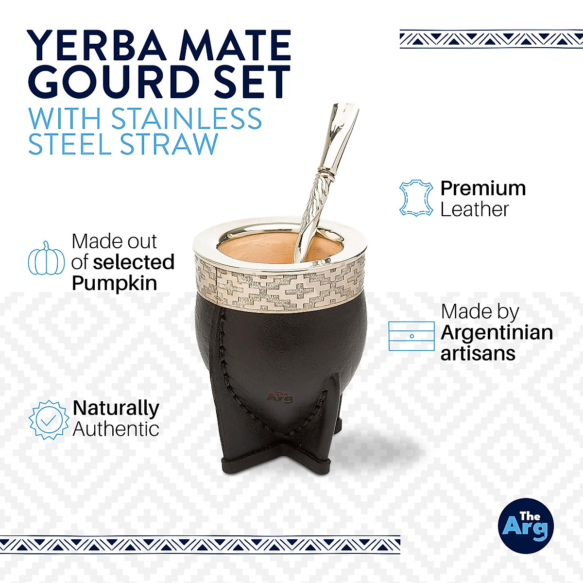 THEARG | Yerba Mate Gourd Set with Stainless Steel Straw | Handmade Leather Yerba Mate Cup and Bombilla Set from Argentina - Beach Essentials - Idea for Gifts | Travel Cup Mate
