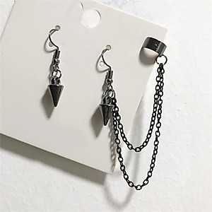 ANDPAI Unique Lightweight Black Silver Punk Long Tassel Chain Ear Cuff Earrings 316L Stainless Steel Vintage Barrel Nails Crawler Climer Dangle Drop Stud Earrings for Men Women Unisex (Black)