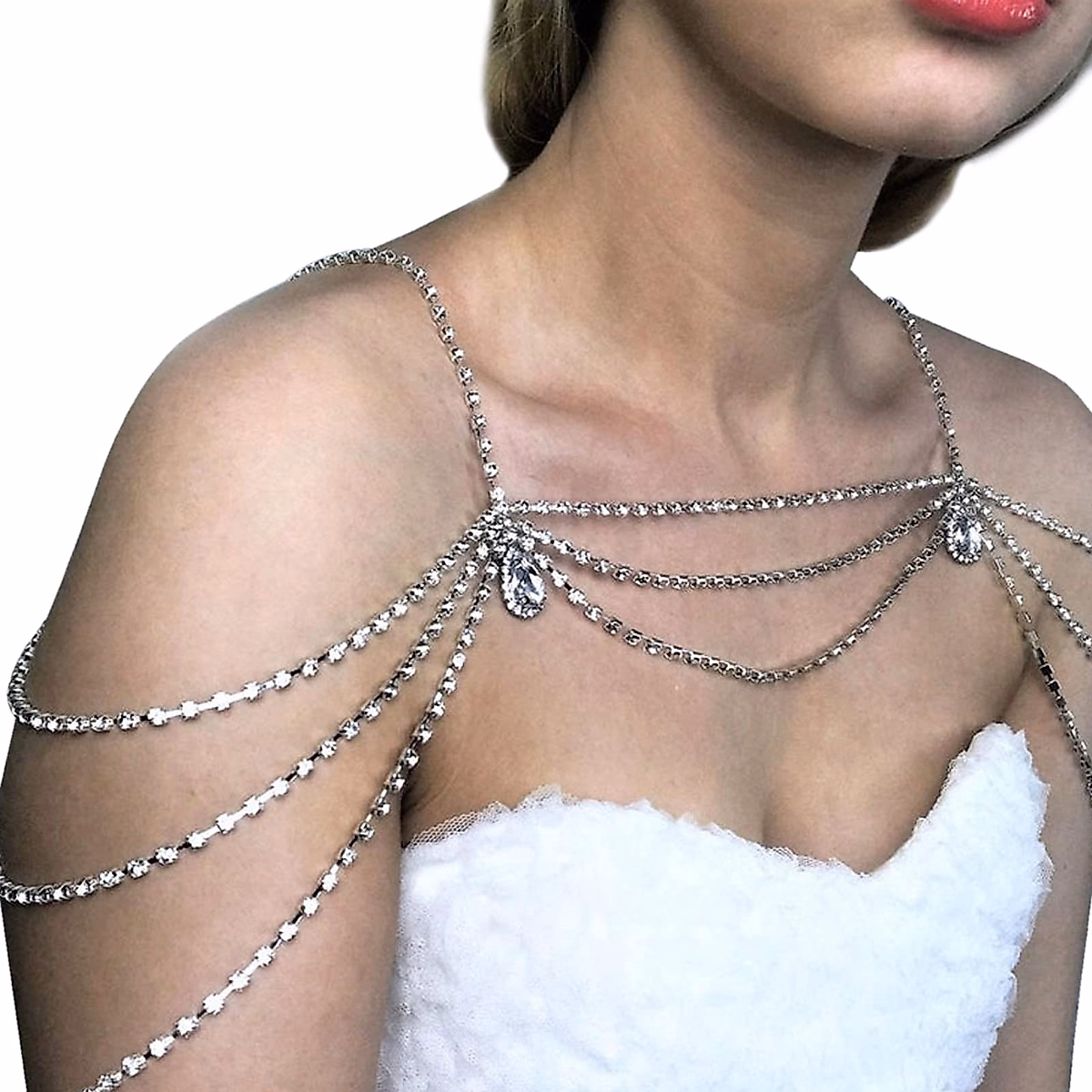 Rhinestone Shoulder Chain Necklace Multilayer Bridal Shoulder Chain Statement Wedding Body Jewelry Rhinestone Underwear Bra Chain for Women(Silver 3)