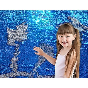 Sensory Wall Sequin Flip Fabric for Kids,3Yard Large Sequins Sensory Graffiti Fabric for Toddlers,Tactile Reversible Fabric Sensory Materials for Calming Corner(3 yd, Sapphire Blue + Silver)