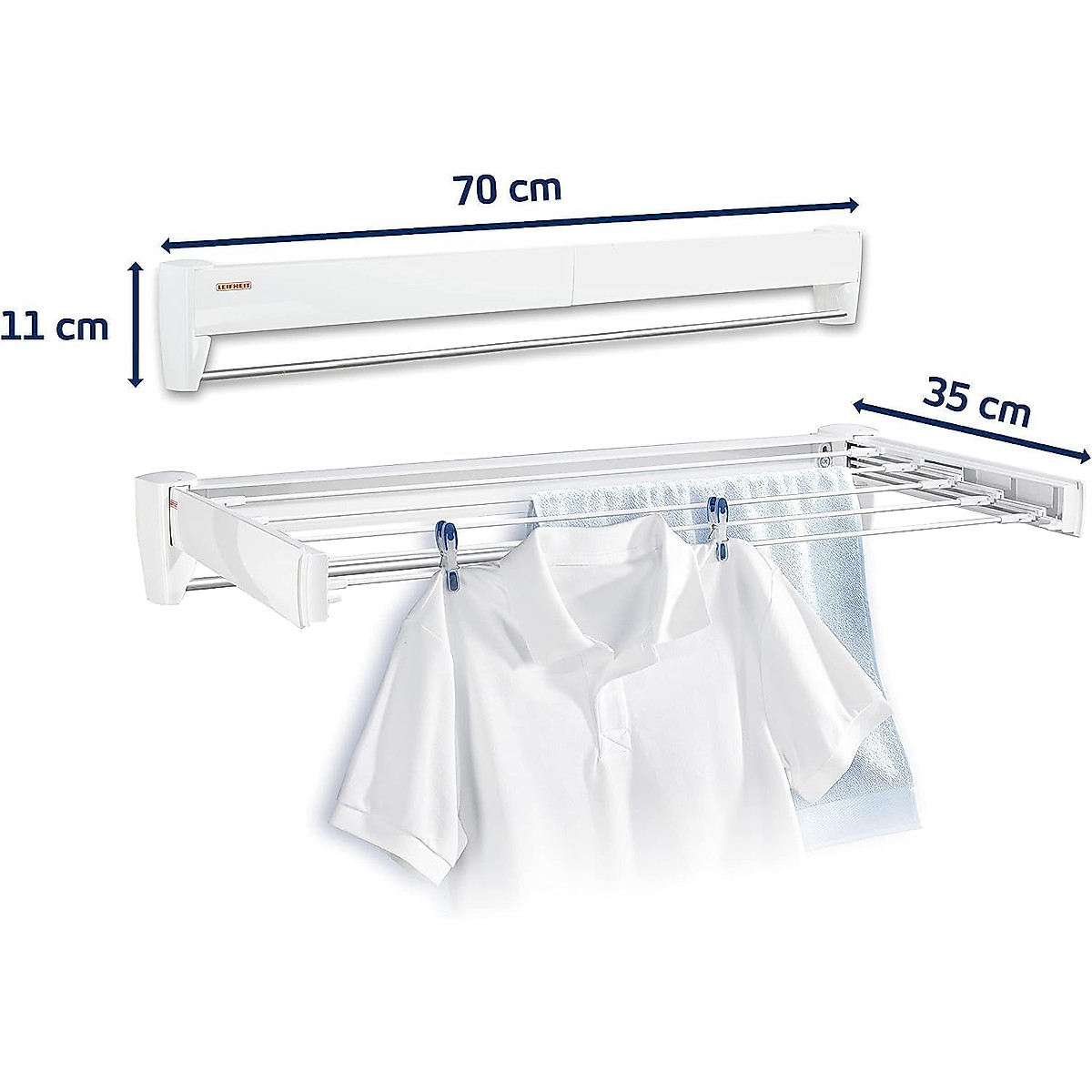 Leifheit 83201 Telefix 70 Wall Mount Retractable Clothes Drying Rack | 5 Drying Rods | White