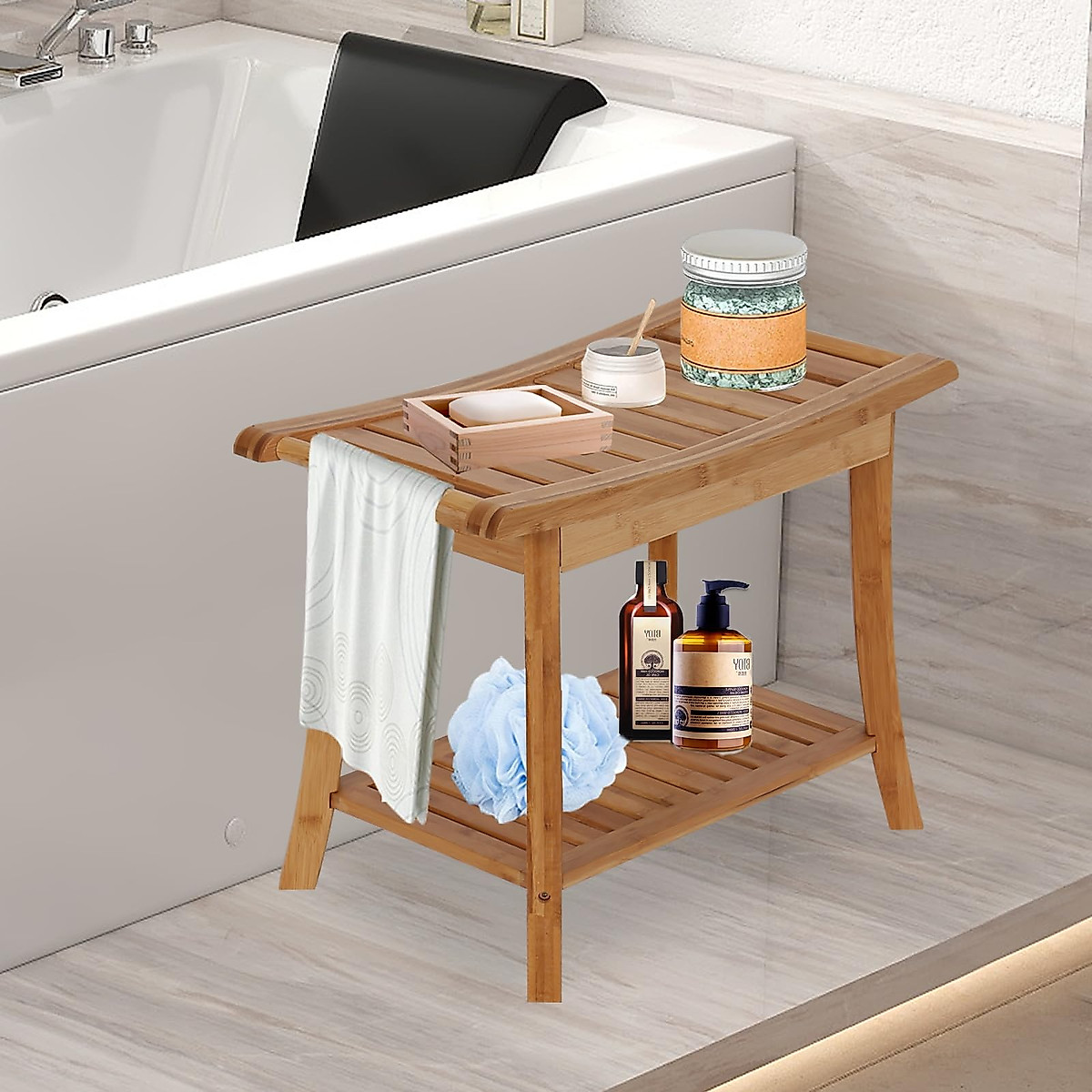 Kinsuite Bamboo Wooden Shower Bench Seat Bathroom Shower Chair with Storage Shelf Organizer Stool Indoor Bathing Bench for Inside Shower