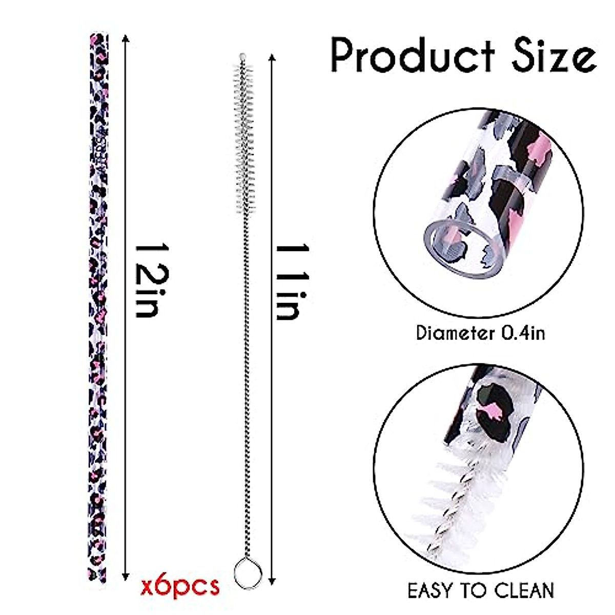 AIERSA 6 Pack Leopard Straw Replacement 40oz for Stanley,Plastic Reusable Straw for Stanley Tumbler,Long Straws with Cleaning Brush for Stanley Cup Accessories