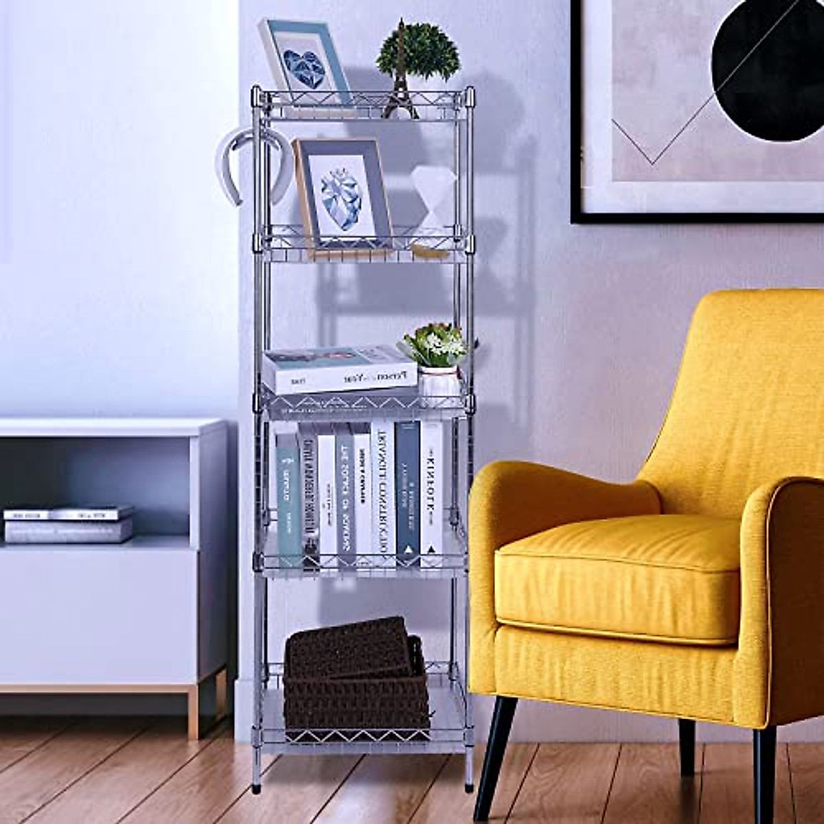 Guangfoshun Storage Shelves, 5-Tier Wire Shelving Unit with Baskets Storage Rack Corner Shelf Shelving Adjustable Storage Shelf, 11.8" D x 15.7" W x 62.99" H,Silver