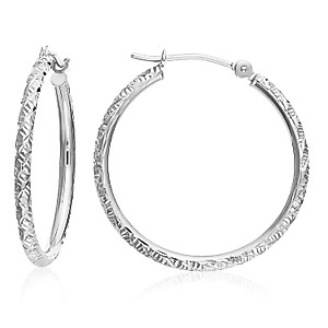14k Gold Hand Engraved Diamond-cut Round Hoop Earrings -1'' Diameter (white-gold)…