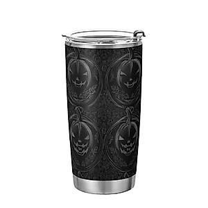 Amooorous Pure Black Evil Halloween Pumpkin Stainless Steel cup with lid with Lid and Straw 20oz coffee mug for coffee aesthetic insulated tumbler botellas para agua termica 20oz