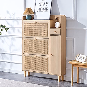 Wekity Shoe Storage Cabinet, Slim Shoe Cabinet for Entryway with 3-Tier Narrow & Storage Drawer, Rattan Shoe Cabinet with Door, Free Standing Wooden Shoe Cabinet for Entryway Hallway Doorway
