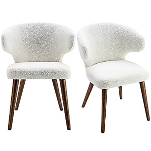 VESCASA Sherpa Modern Dining Chairs with Wood Legs, Upholstered Curved Back Side Chairs for Dining Room/Living Room, Set of 2, White