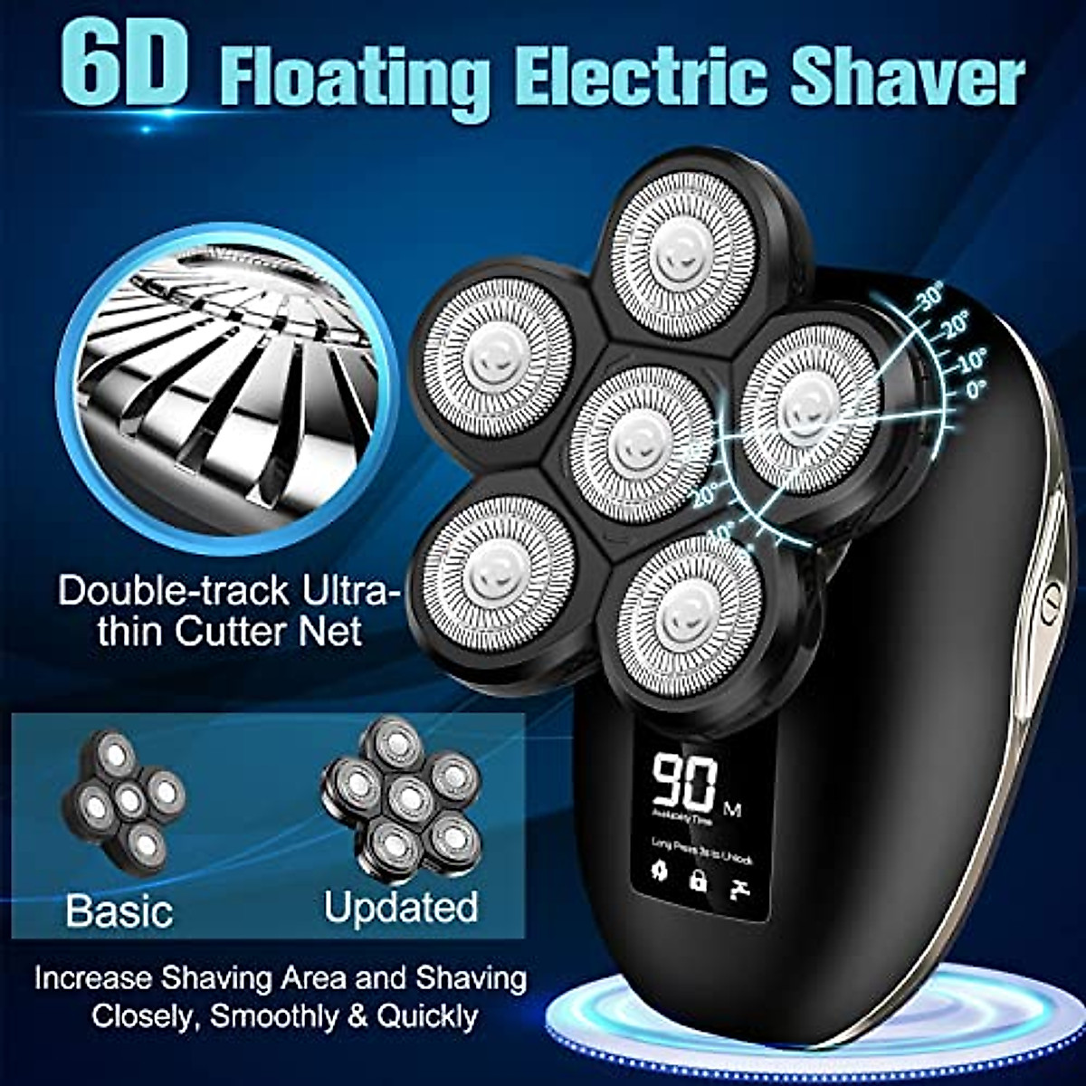 Head Shaver for Bald Men,6-in-1 Electric Shaver for Bald Head 6D Wet/Dry Waterproof Mens Electric Razor Skull Head Shavers Mens Grooming Kit Cordless Rechargeable Face Head Shaving Rotary Shaver