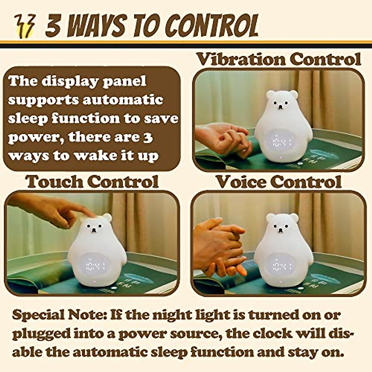 JROSING Bear Night Light, Cute Kids Alarm Clock, Soft BPA-Free Silicone Portable Nursery Lamp, Children USB Rechargeable Nightlight for Girls Boys Toddler Birthday Gifts Bedroom Room Decor