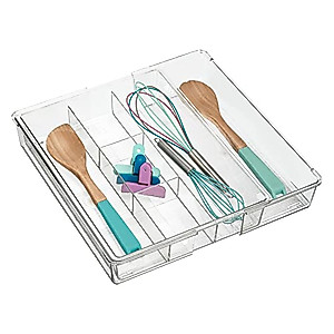 mDesign Dual Expandable Plastic In-Drawer Utensil Organizer Tray Deep 5 Section Divided for Kitchen Organization; Holds Cutlery, Flatware, Silverware, Cooking Utensils, Ligne Collection, Clear