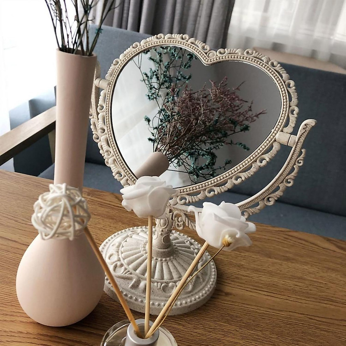 D&XQAUO Heart Shaped Mirror - Coquette Room Decor for Desk, Vanity & Bathroom - Cute Table Mirror with Stand (Beige)