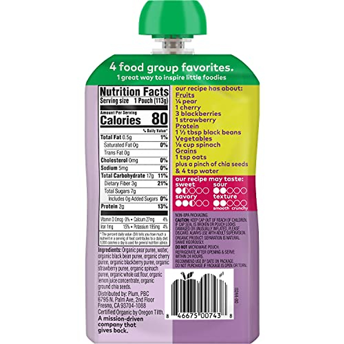 Plum Organics Mighty 4 Organic Toddler Food - Pear, Cherry, Blackberry, Strawberry, Black Bean, Spinach, and Oat - 4 oz Pouch (Pack of 6) - Organic Fruit and Vegetable Toddler Food Pouch