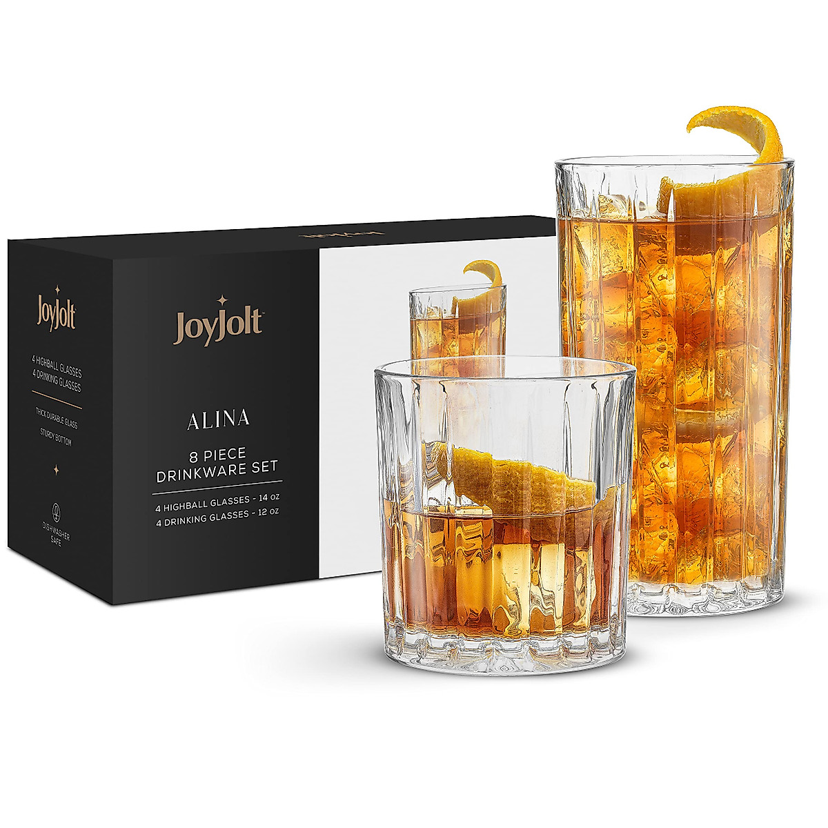 JoyJolt Drinking Glasses Set of 8, Alina Ribbed Glassware. 12oz Rocks Glasses and 14oz Highball Glasses. Cocktail Glasses, Iced Coffee Cup or Water Glasses. Heavy Base Glassware Set