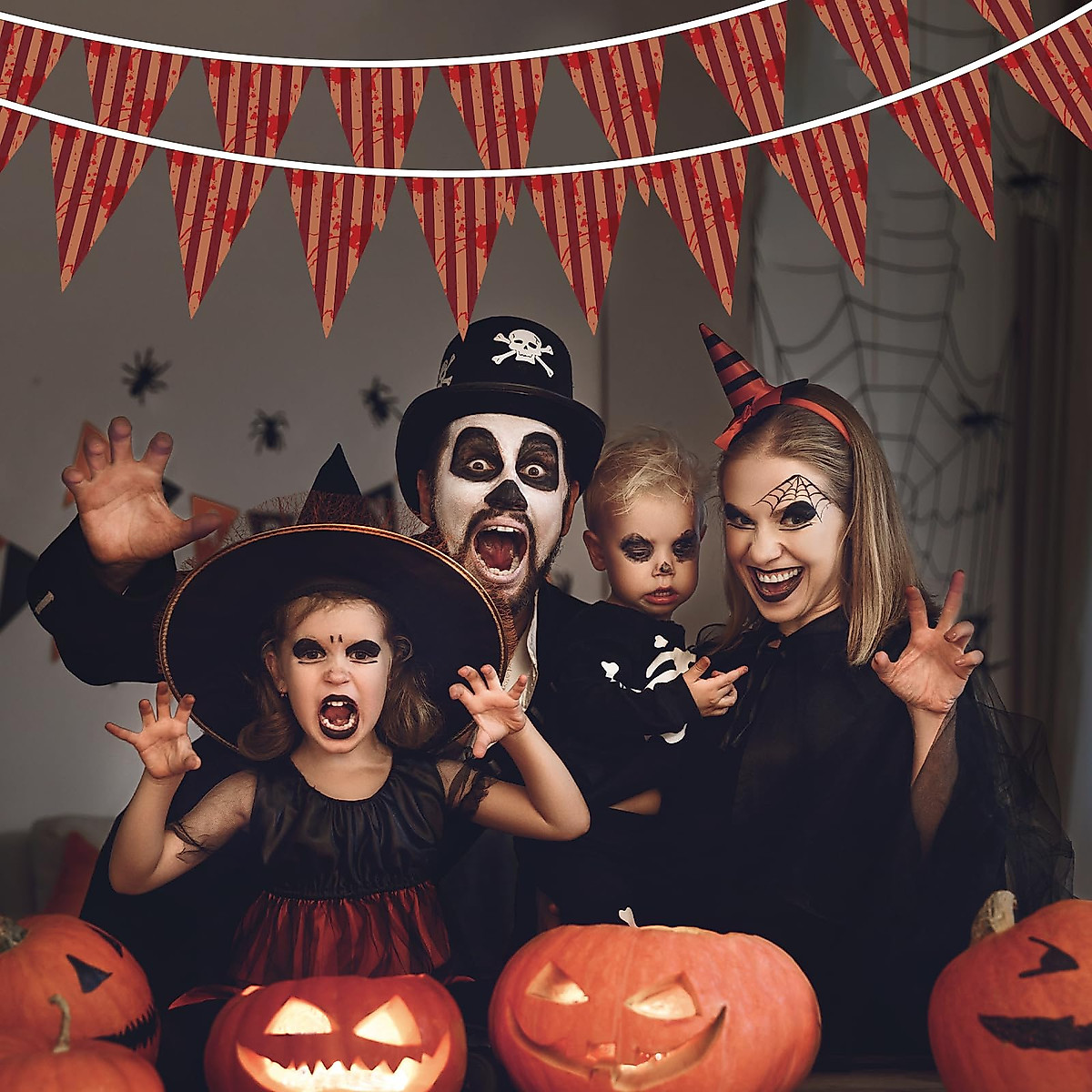 Lonfliness 5 Packs Circus Decorations Halloween Pennant Banner Creepy Carnival Decorations Fabric Red And White Striped Triangle Flag Scary Bloody Bunting Garland for Evil Circus Birthday Supplies