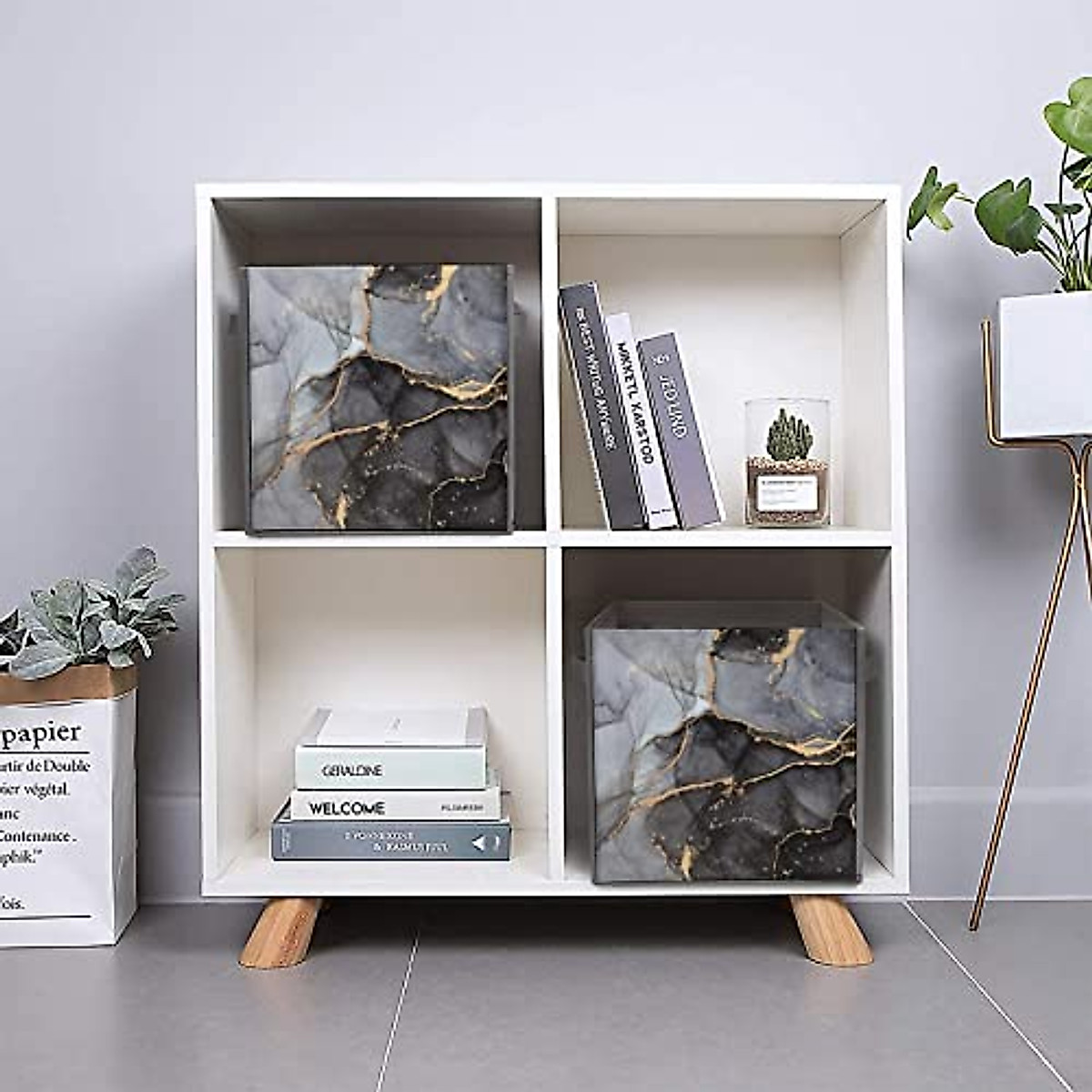 DamTma Luxury Black Marble Collapsible Storage Bins Classic Black White Fabric Storage Cubes with Handles Basket Storage Organizer for Shelves Closet Bedroom Living Room 10.6 in