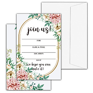 Boho Floral Greenery Invitations with Envelopes for All Occasions, 25 Pcs Blush Pink Gold Foil Blank Fill-in Invites for Bridal Shower, Wedding Reception, Engagement Party(05)