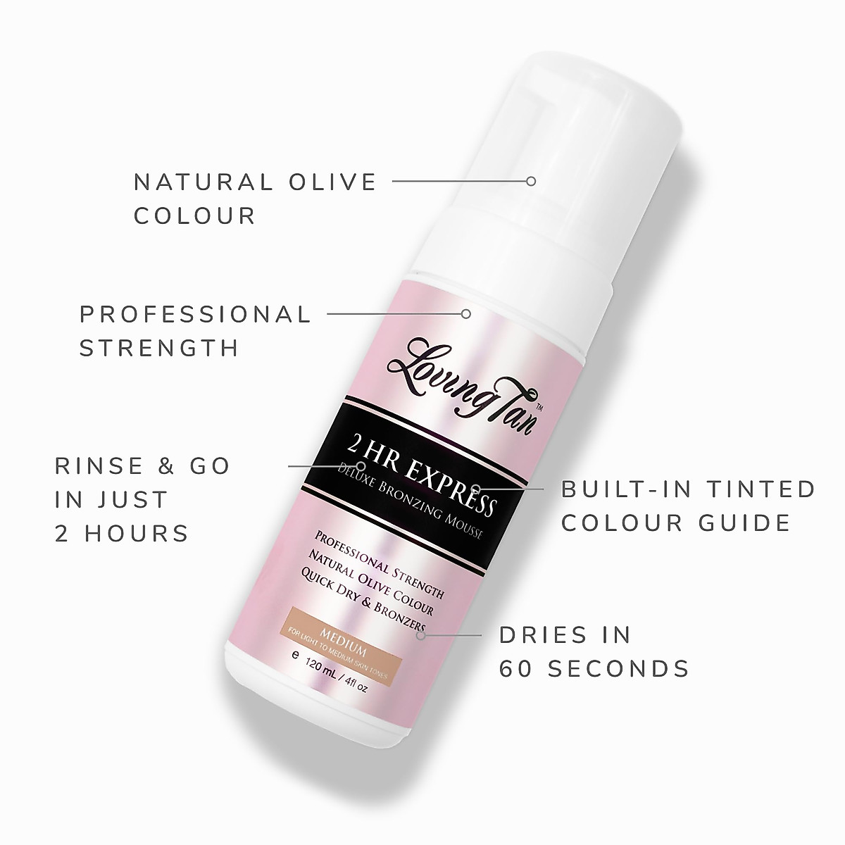 Loving Tan 2 HR Express Mousse, Medium - Streak Free, Natural looking, Professional Strength Sunless Tanner - Up to 5 Self Tan Applications per Bottle, Cruelty Free, Naturally Derived DHA - 4 FL Oz