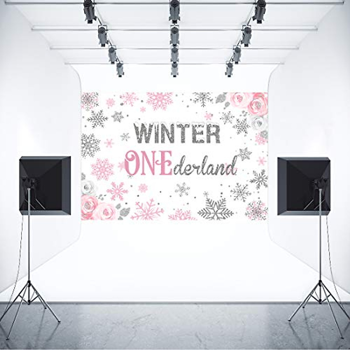 Aperturee 7x5ft Winter Onederland Backdrop, Newborn Baby Girl's First 1st Christmas Birthday Snowflake Background Photography Holiday Pink Silver Party Decoration Photo Booth Candy Table Decor Banner