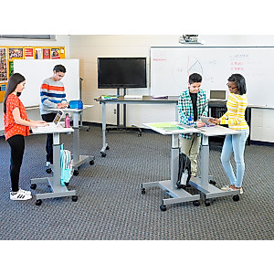 Offex Student-P Mobile Classroom Height Adjustable Cup Holder Student Pneumatic Sit/Stand Desk - Light Gray/Medium Gray