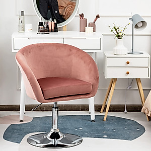 COSTWAY Vanity Chair, Height Adjustable Modern Velvet Makeup Chair with Chrome Frame, Round-Back, Comfortable Swivel Accent Leisure Chair for Living Room, Bedroom (Pink)