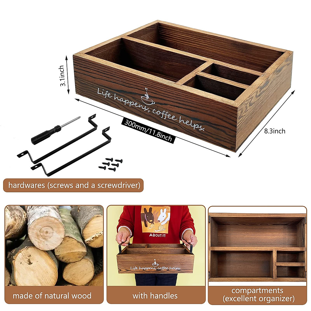 Ismosm Coffee Station Organizer, Farmhouse Coffee Bar Accessories Organizer Basket for Countertop, Office Coffee Station, Wooden Tray for Coffee Supplies and Essentials, Sugar, Syrup,Tea (Brown)