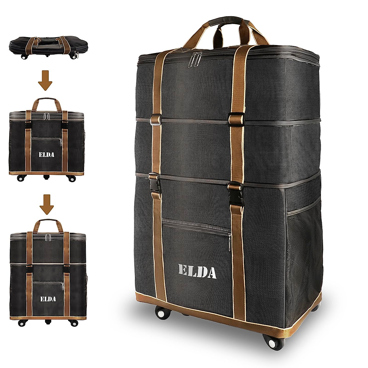 ELDA Expandable Foldable Luggage Suitcase Large Capacity Duffel Bag with Wheels Lightweight Collapsible Rolling Travel Suitcases for Men Women