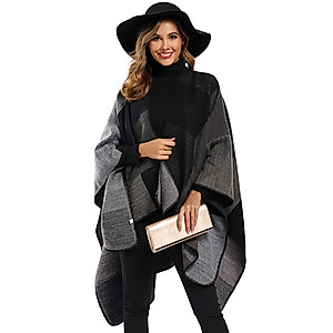 Epsion Women's Color Block Shawl Wrap Plus Size Cardigan Poncho Cape Open Front Long Winter Sweater Coat Black