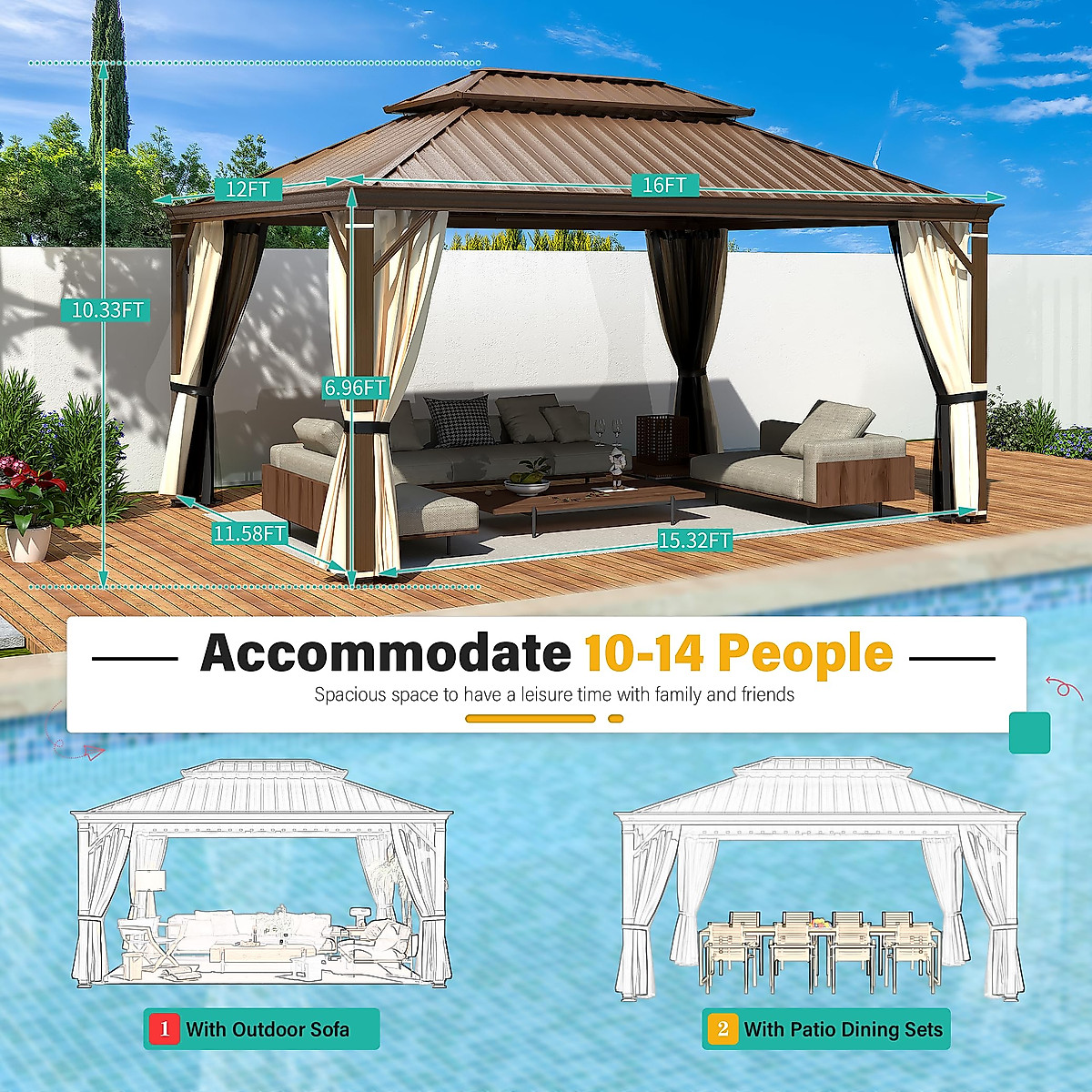 Hardtop Gazebo 12' x 16' W/Steel Double Roof, Anti-Rust Coating Aluminum Frame Permanent Outdoor Waterproof Pavilion w/Curtains & Netting, Hard Top Gazebo for Patio Backyard Garden Lawn Parties, Brown