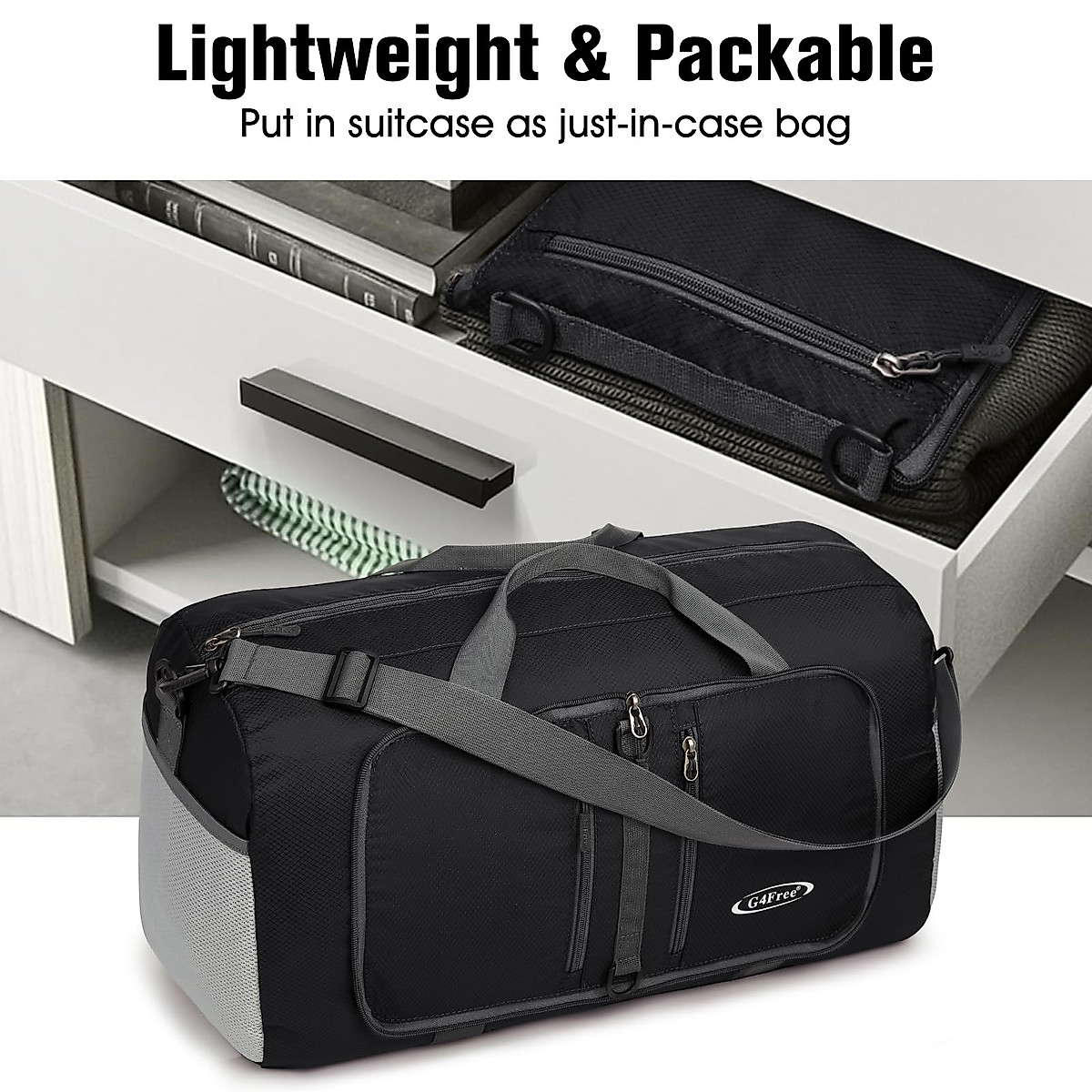 G4Free 40L/65L Foldable Duffel Bag, Water-Repellent Travel Backpack, Lightweight Carry Bag for Overnight Weekender Sports Men Women, Balck, 40L