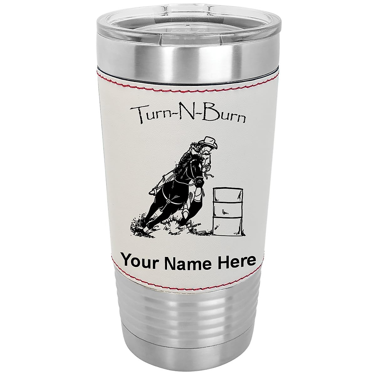 LaserGram 20oz Vacuum Insulated Tumbler Mug, Barrel Racer Turn N Burn, Personalized Engraving Included (Faux Leather, Baseball Style)