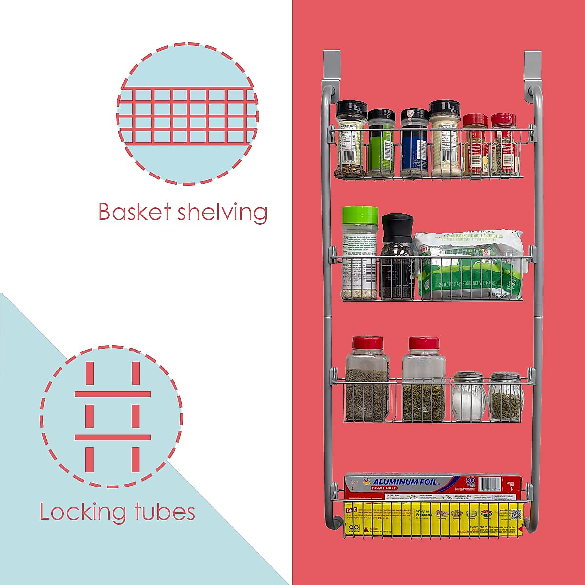 Home Basics Heavy Duty 4 Tier Over the Door Storage Shelf Hanging Cabinet Metal Pantry Rack Organizer Spice Space, Grey