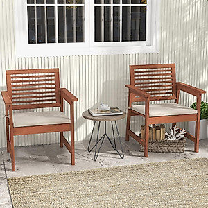 HAPPYGRILL Outdoor Dining Chair Set of 2, Patio Solid Wood Chairs with Comfortable Cushions, Breathable Slatted Seat, Outside Wood Armchairs for Balcony Porch Poolside
