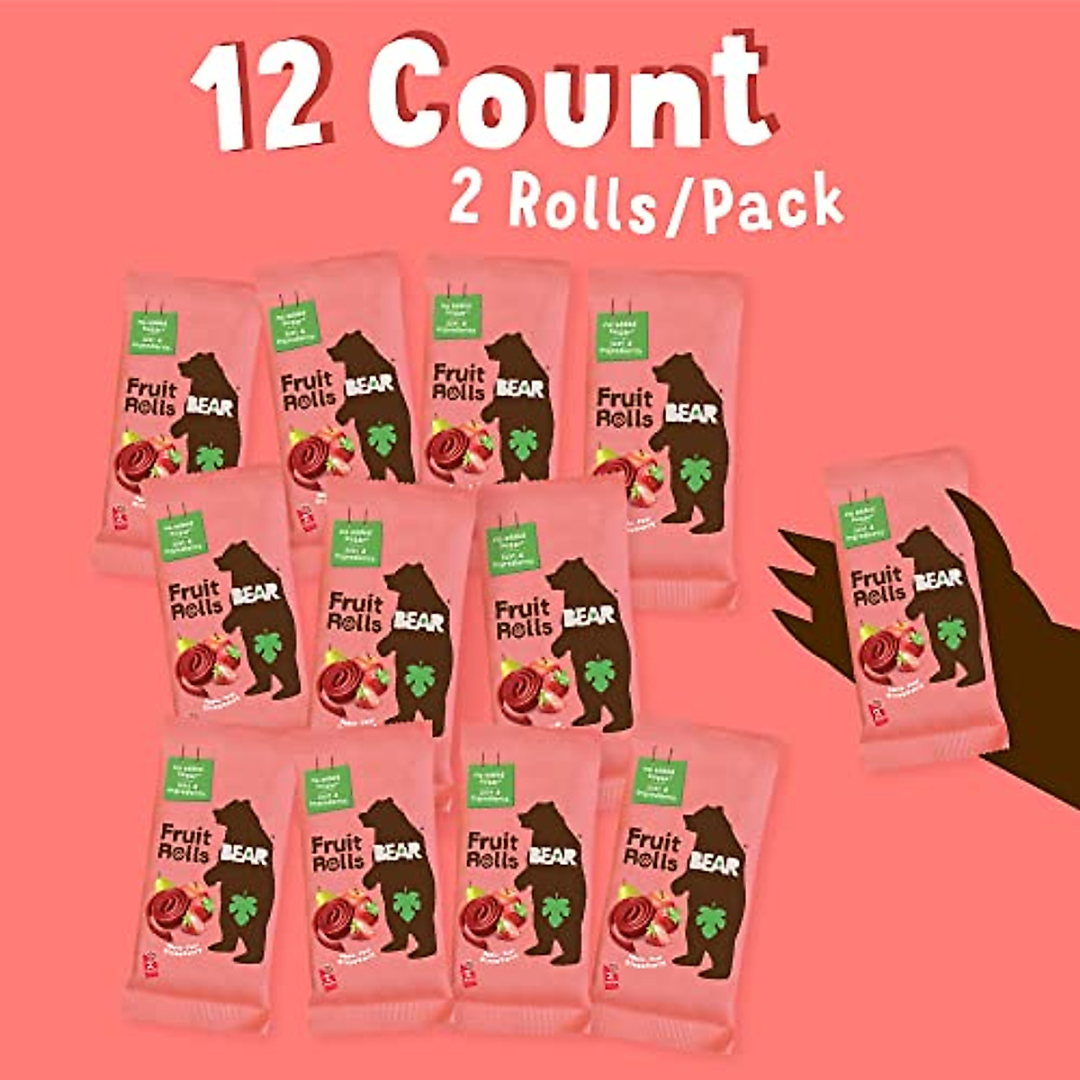 BEAR Real Fruit Snack Rolls - Gluten Free, Vegan, and Non-GMO - Strawberry – Healthy School And Lunch Snacks For Kids And Adults, 0.7 Ounce (Pack of 12)