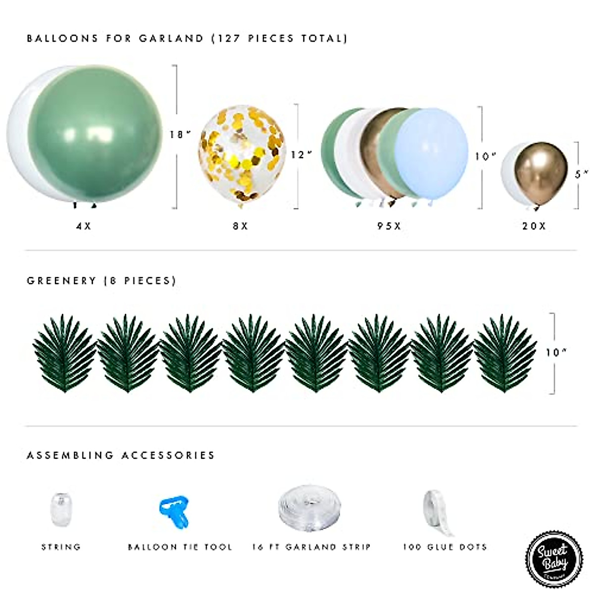 Sage Green and Blue Balloon Garland Kit with Arch Kit, 18 10 5 inch Balloons in Matte Olive Eucalyptus, Dusty Light Blue, White, Gold Confetti, Baby Shower Birthday Wedding Bridal Party Decorations