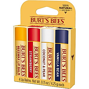 Burt's Bees Lip Balm Easter Basket Stuffers, Moisturizing Lip Care Spring Gift, for All Day Hydration, 100% Natural, Original Beeswax, Strawberry, Coconut & Pear & Vanilla (4 Pack)
