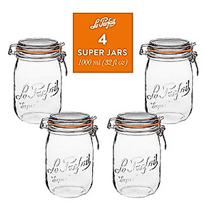 Le Parfait Super Jar, Canning Jars, 1L French Glass Canning Jar w/Round Body, Glass Jars With Airtight Lid, Canning Jars Wide Mouth, Glass Jar With Lid, Clear Jars, Clear Glass Jars (32oz/Quart, 4 pk)