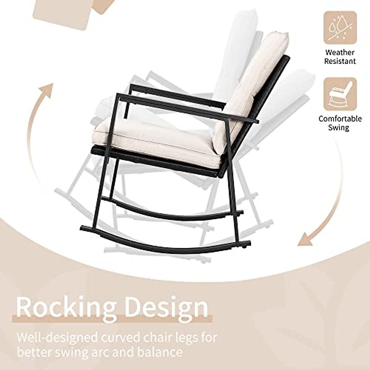 JAMFLY 3-Piece Patio Rocking Bistro Set, Outdoor Wicker Furniture Balcony Porch Chairs Conversation Sets with Glass Coffee Table (Beige)