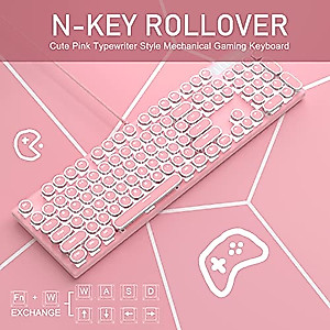 Camiysn Typewriter Style Mechanical Gaming Keyboard, Pink Retro Punk Gaming Keyboard with White Backlit, 104 Keys Blue Switch Wired Cute Keyboard, Round Keycaps for Windows/Mac/PC