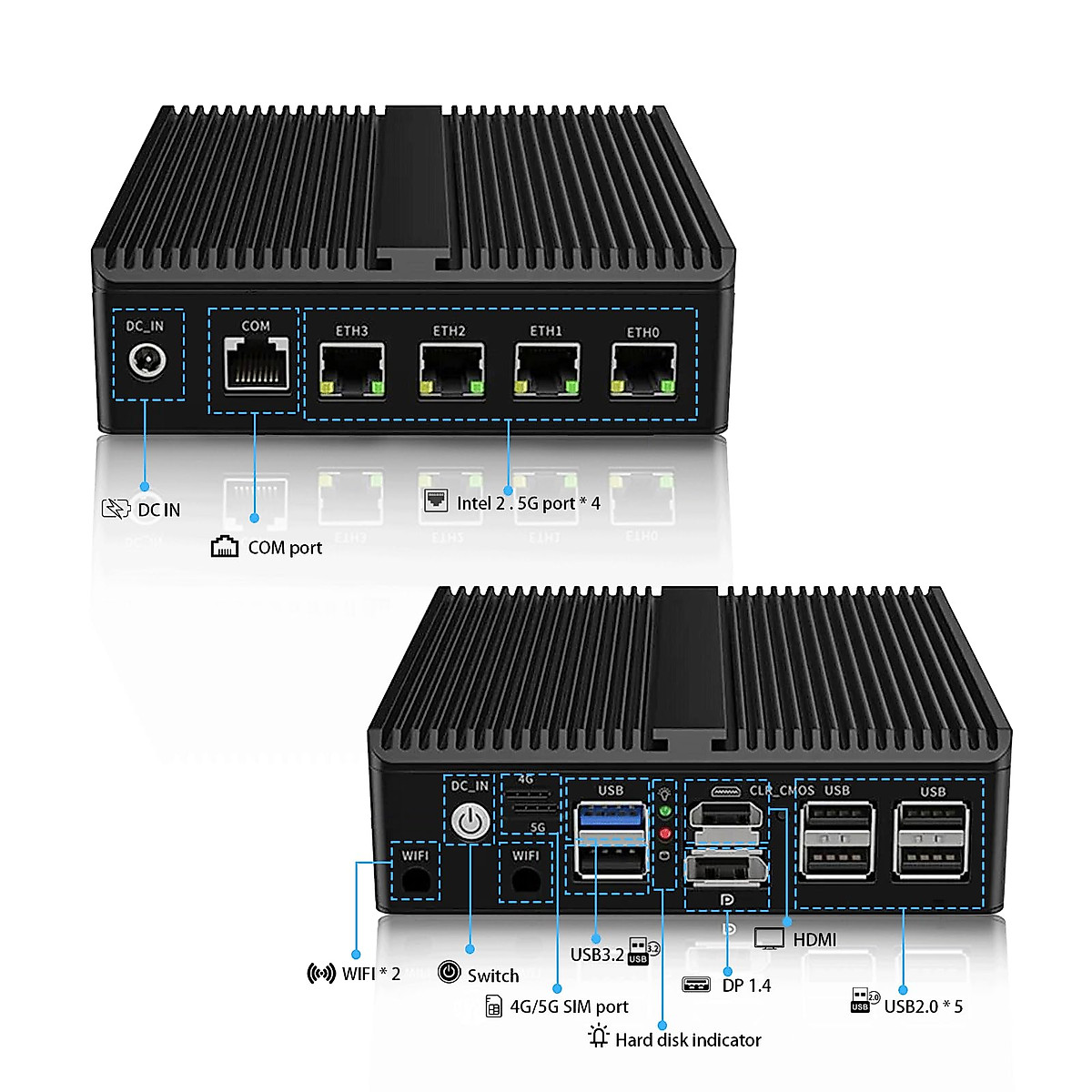 KingnovyPC Firewall Micro Appliance, 4 Port i226 2.5GbE LAN Fanless Mini PC N100, 1* DDR5, HDMI, DP, RJ45 COM, 4*USB Gigabit Ethernet AES-NI VPN Router Openwrt Barebone