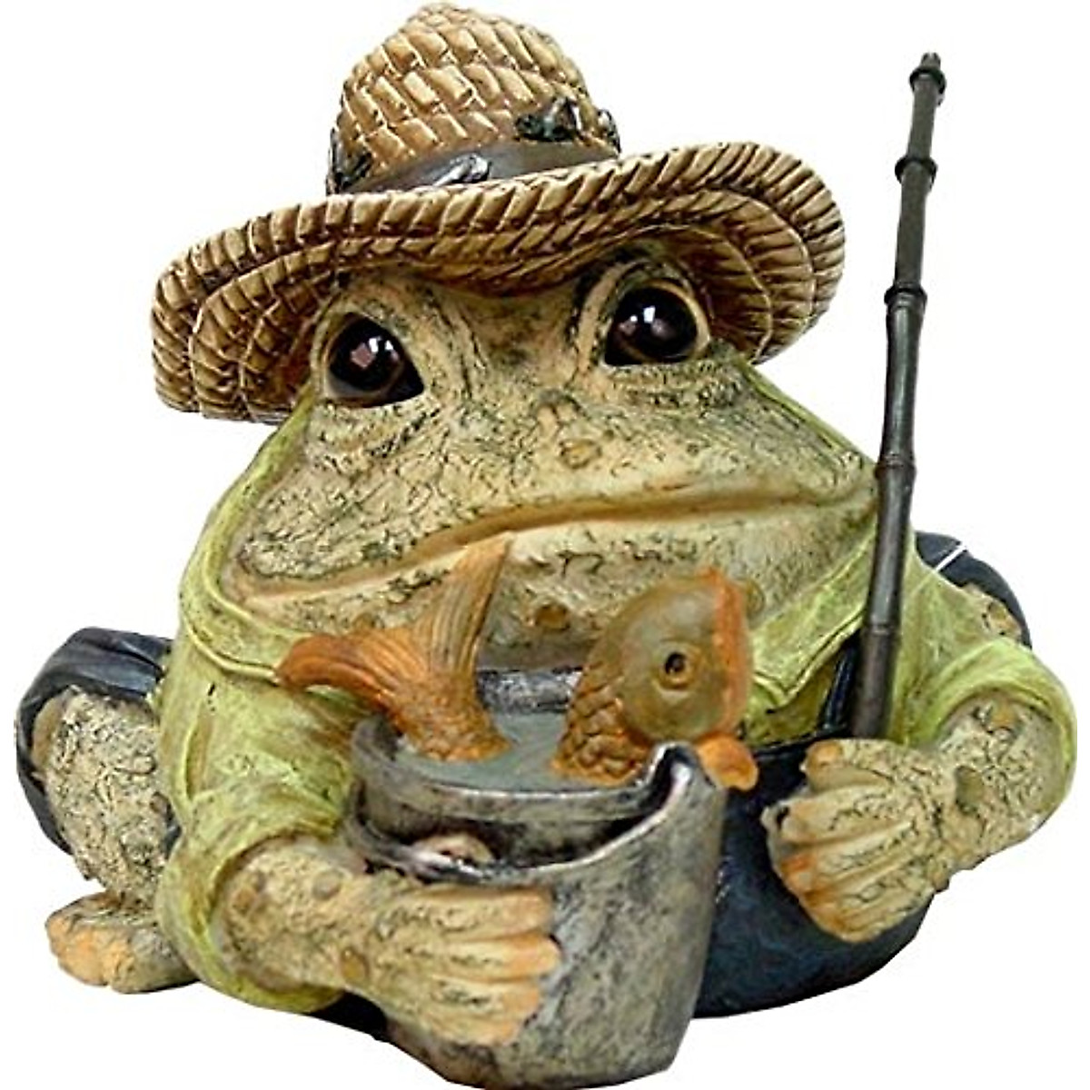Homestyles Toad Hollow #94014 Figurine Angler Fisherman with Fish in Pail, Fishing Pole, Hat with Lures Sports Character Garden Statue Large 8.5" h Toad Figure Natural Brown